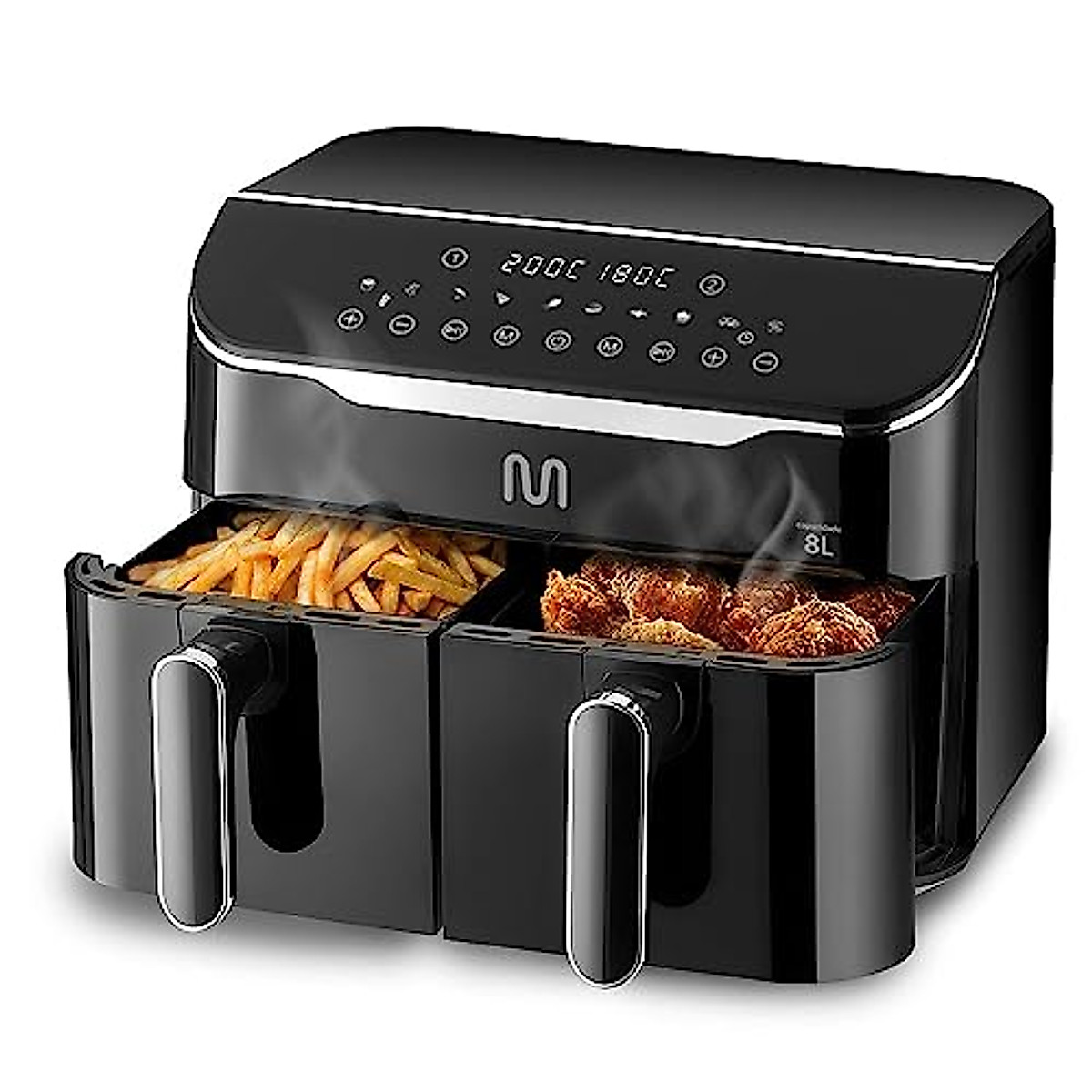Multi GO219 5-in-1 Dual Zone Air Fryer: 8 Quartz Capacity with 2 Independent Frying Baskets and Independent Temperature Control, Smart Finish to Roast, Broil, Dehydrate Function, 1700W, Black.
