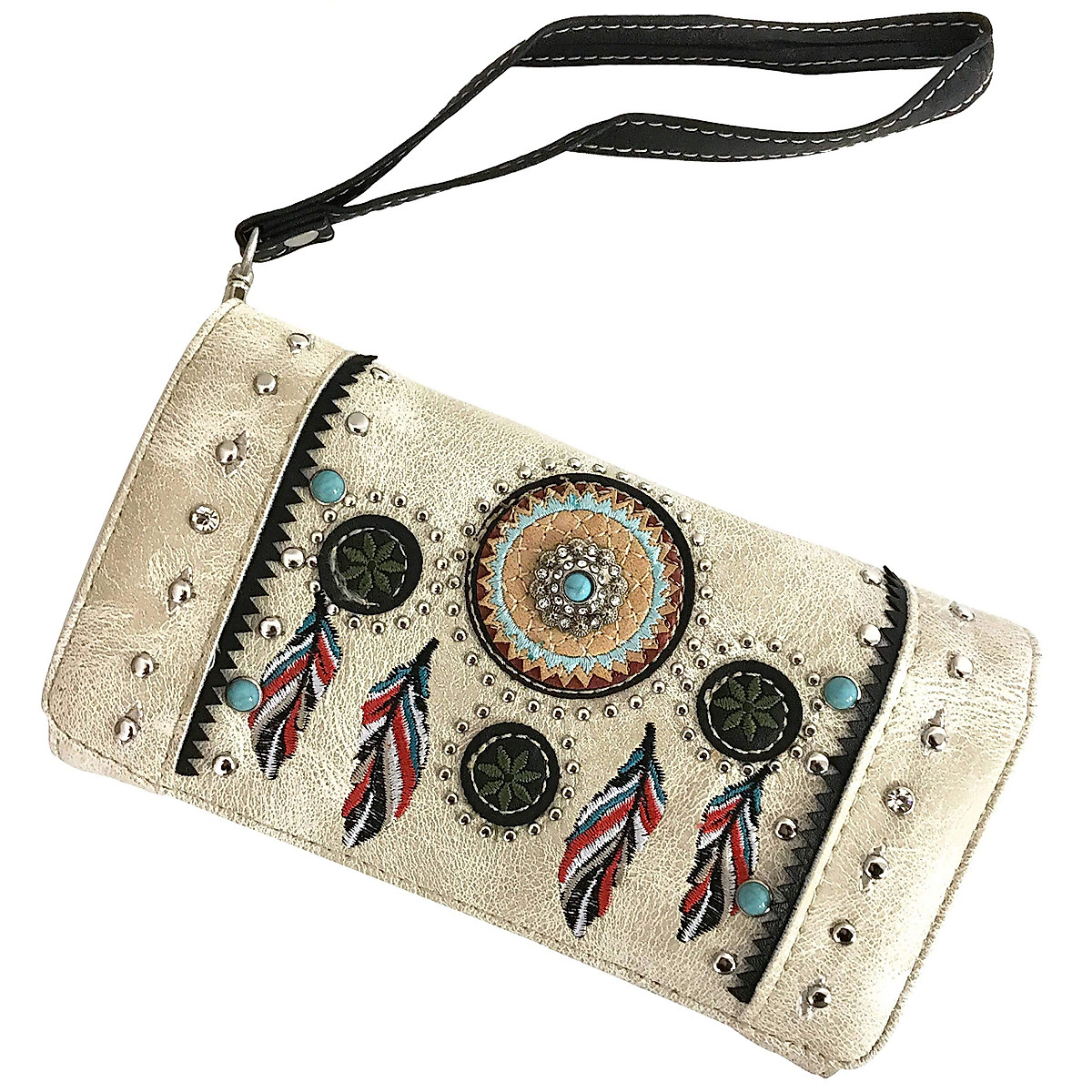 Zelris Tribal Native Dream Catcher Feather Concho Crossbody Fold Wallet (Beige)