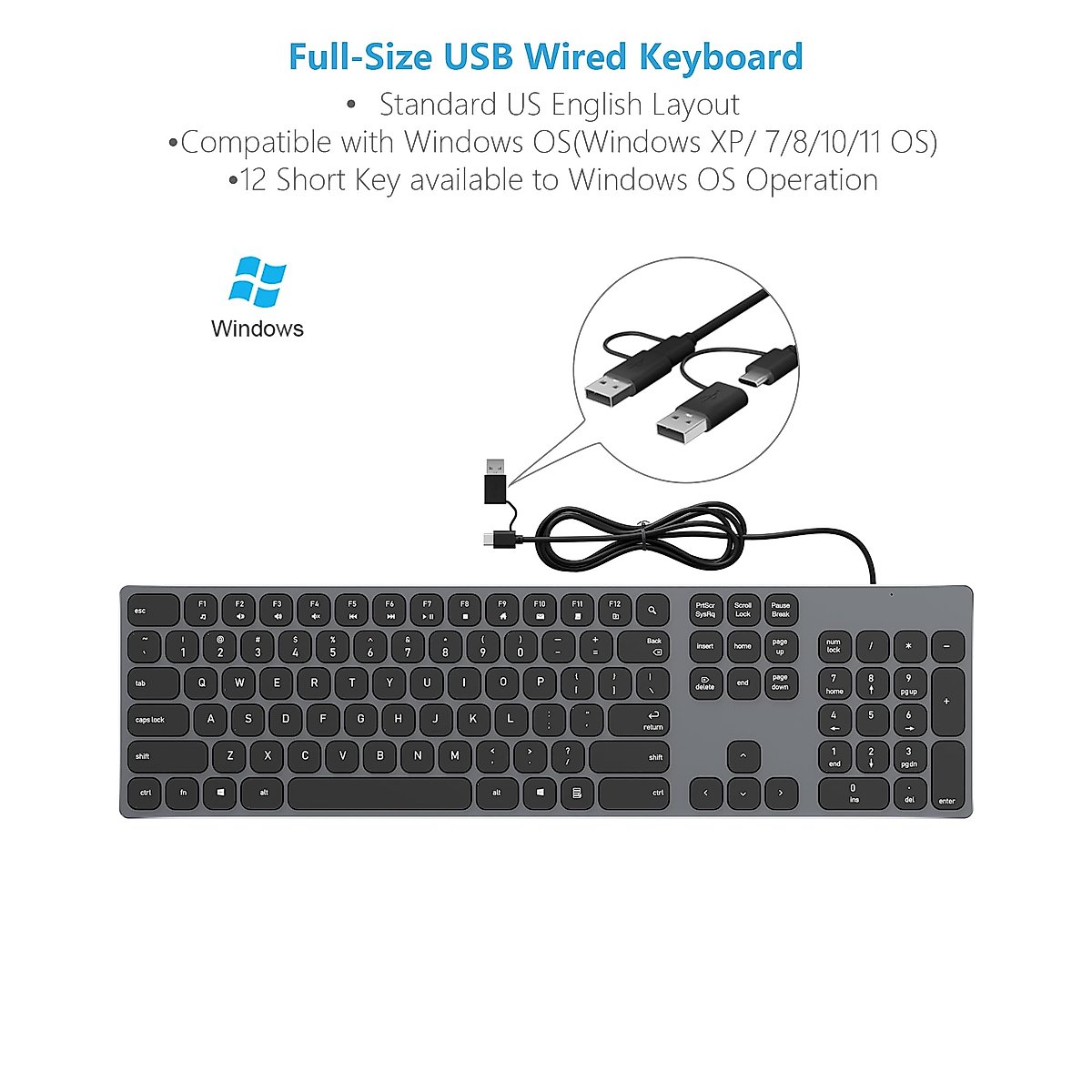 9H Aluminum USB Wired Keyboard with Numeric Keypad for PC Windows 10/8 / 7 / Vista/XP