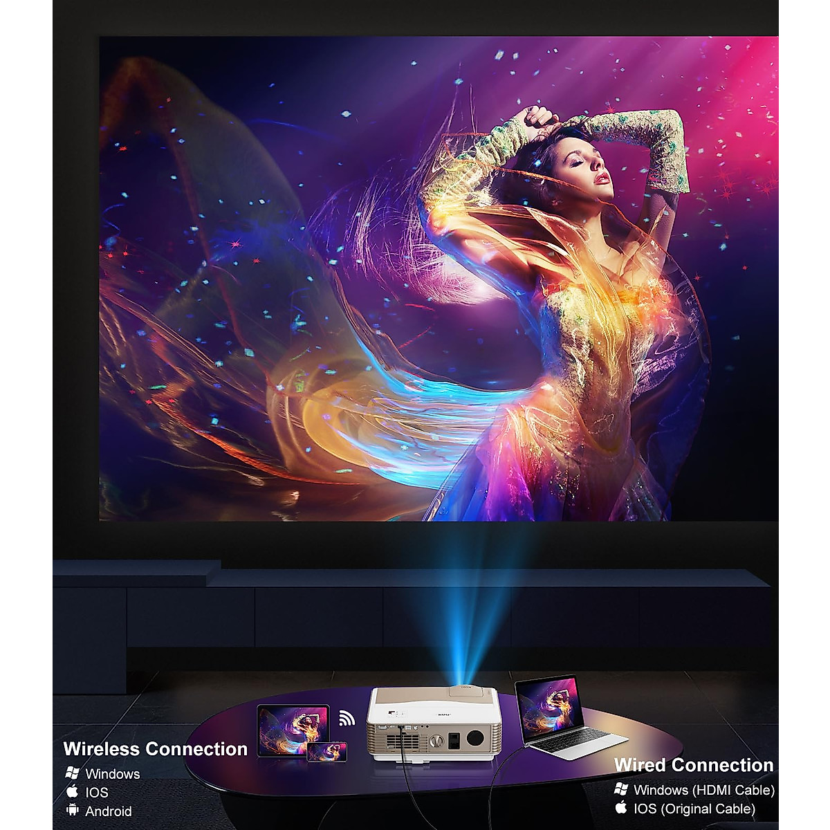 Native 1080P Full HD WiFi and Bluetooth Outdoor Projector with Speaker, 9000 Lumen Movie Projector for Home Theater, Compatible with iOS/Android/Laptop/HDMI/PC/TV Stick/USB