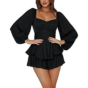 LYANER Women's Jumpsuit Lantern Long Sleeve Ruffle Layer Tie Mini Short Romper Solid Black Small