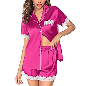 SWOMOG Women's Silk Lace Pajama Sets Satin Button Down Pjs Lace Shorts 2 Pcs Sleepwear Bridal Party Lounge Set with Pockets Red Rose