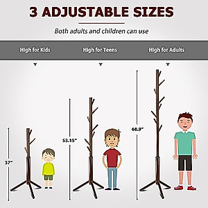 Azaeahom Coat Rack Freestanding with 8 Hooks 3 Adjustable Height Coat Racks Stand Clothing Hanger Stand Wooden Coat Tree Easy Assembly for Entryway, Bedroom, Hallway, Dormitory,Office Cherry