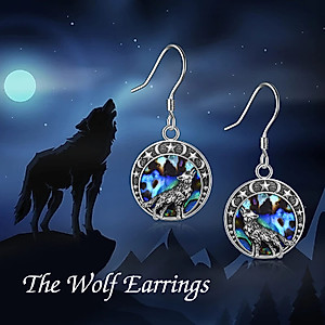 Wolf Earrings Gifts for Women Sterling Silver Wolf Moon Star Drop Dangle Earrings Jewelry Christmas Gifts For Women (Animal earrings-Wolf)