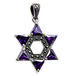 "Jewish Star of David" Sterling Silver Purple CZ, Marcasite Pendant