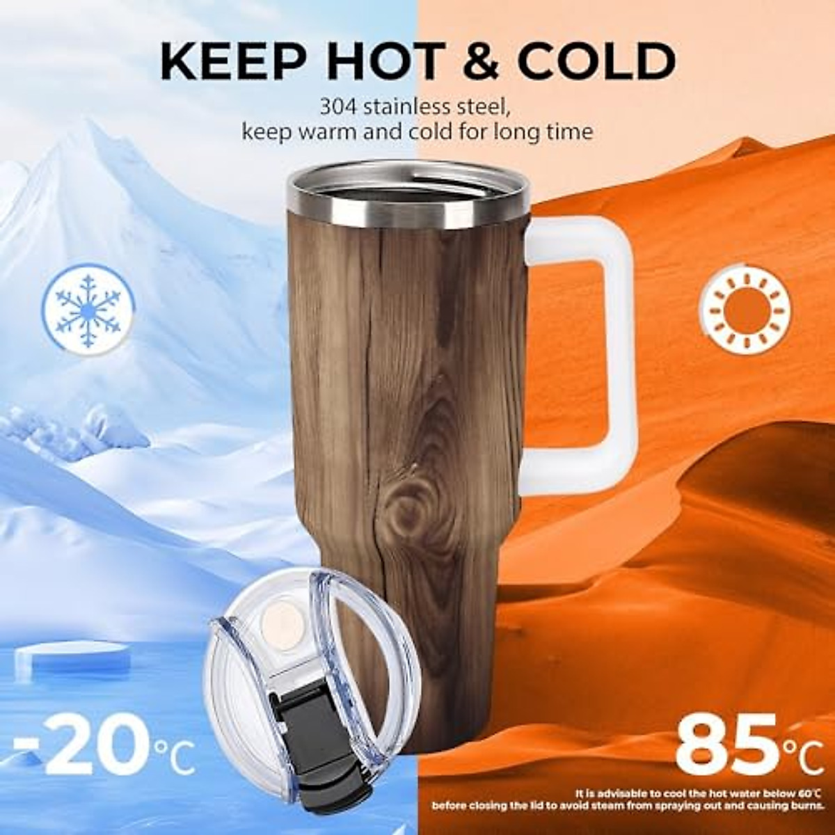 WYUSPGK 40oz Stainless Steel Car Mug, Wood Grain Print Travel Mug, Double-Wall Insulated with Straw, Perfect for Car, Office, Outdoor