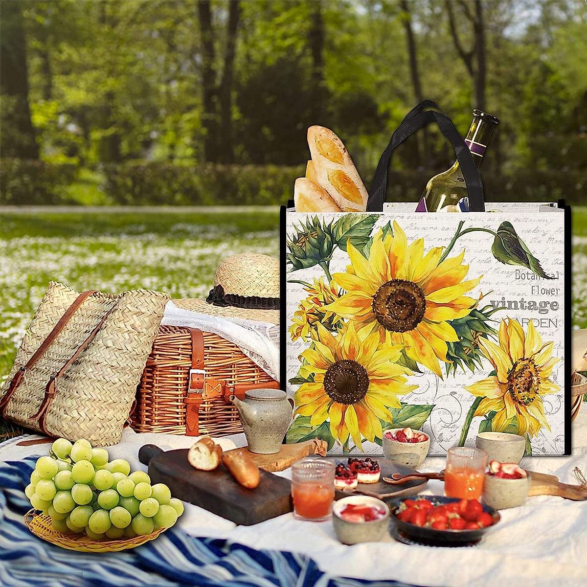 NymphFable 5 Pack Reusable Shopping Bags Sun Flowers Washable Grocery Bags Fabric Tote Bag