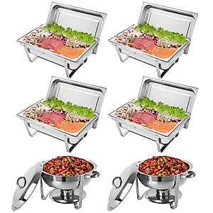 ROVSUN Chafing Dish Buffet Set,4 Rectangular + 2 Round Stainless Steel Chaffing Dishes Silver,Catering Warmer Set Food Warmer with Thick Stand Frame,Food Pans for Wedding Parties Buffets
