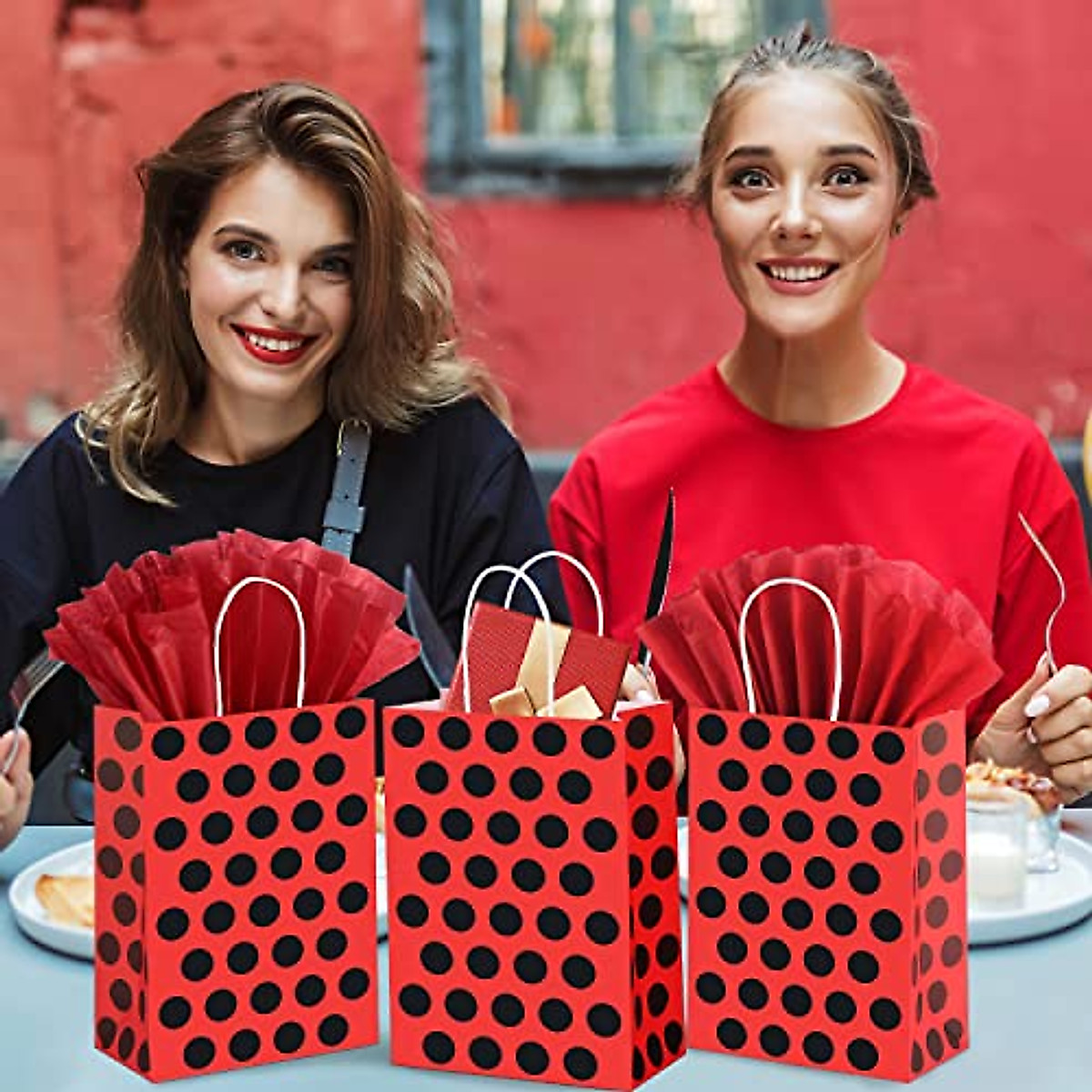 BLEWINDZ 32 Pieces Small Gift Bags with Red Tissues, Party Favor Bags Polka Dots for Ladybug Theme Birthday, Wedding, Christmas, Party Supplies (Red Black)