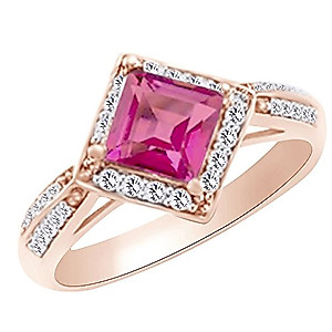 AFFY 1.6 cttw Simulated Pink Sapphire & White Natural Diamond Engagement Wedding Ring in 14K Solid Rose Gold with, Ring Size 4.5