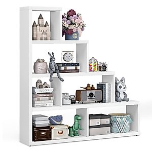 Tangkula 6 Cubes Bookshelf, Freestanding 6-Cube Stepped Etagere Bookcase, L Shaped Ladder Corner Open Bookshelf, Wood Storage Display Shelf for Living Room Home Office, 61 x 11.5 x 64 Inch (White)