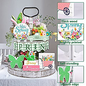 12 PCS Spring Tiered Tray Decor Set Flowers Mini Wood Signs Hello Spring Wooden Table Signs Flowers Butterfly Truck Wood Decors with Holder for Spring Party Supplies Home Table Centerpieces