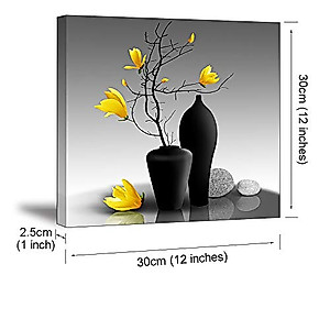 Flower Wall Art for Bathroom Hallway, SZ Elegant Orchid Still Life Canvas Painting Prints, Golden Magnolia in Black and White Vases Picture (Ready to Hang, Waterproof Decor)