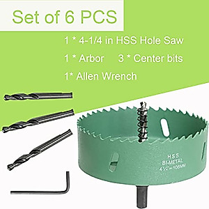 4-1/4 Inch Hole Saw, HSS Bi-Metal Hole Saw Kit, Cutting Dia 108mm Hole Saw Set, 36mm Cut Depth, 3 Drills Replacements Hole Saw Kit for Wood, Plasterboard, PVC, Drywall, MDF