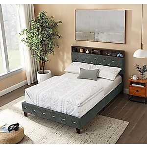 CuisinSmart Queen Size Bed Frame with Headboard,Storage & USB Ports & Outlets,No Box Spring Needed,78.5" x 57",Grey Bed Frame Furniture for Bedroom,Farmhouse,Hotel