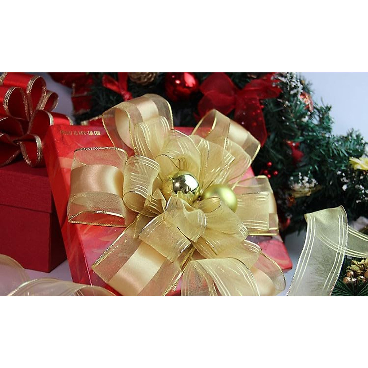 XMRIBBON Wire Edged Ribbon Golden Sheer Edge Satin Ribbon, 2 1/2" x 10 Meters,for Gift Wrapping, Tree Topper, Garland, Christmas Wreath