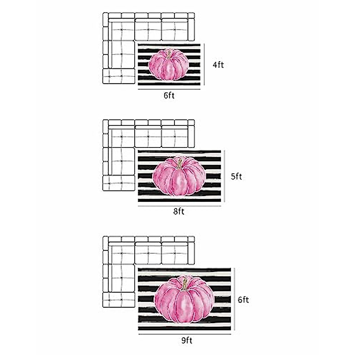 Outdoor Rug 4' x 6', Thanksgiving Fall Large Area Rugs for Patio/RV/Deck/Porch/Indoors, Black and White Striped Pink Pumpkin Water Absorption Camping Rug Carpet, Lightweight Washable Rug Runners