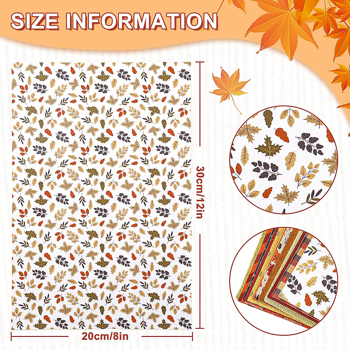 Whaline Fall Faux Leather Sheets 8 x 12 Inch Plaids Stripe Maple Leaves Synthetic Leather Fabric Glittery Orange Red Gold Faux Leather for Autumn Harvest Thanksgiving DIY Craft Earring Hair Bow, 12Pcs