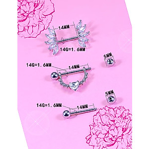 Heienngy Piercing Kit Nipple jewelry kit 14G Surgical Stainless Steel Nipple/Tongue Piercing Jewelry Set 14 Gauge Piercing Needles CZ Silver Black Nipple tongue Ring for Women men Body Piercing Kits