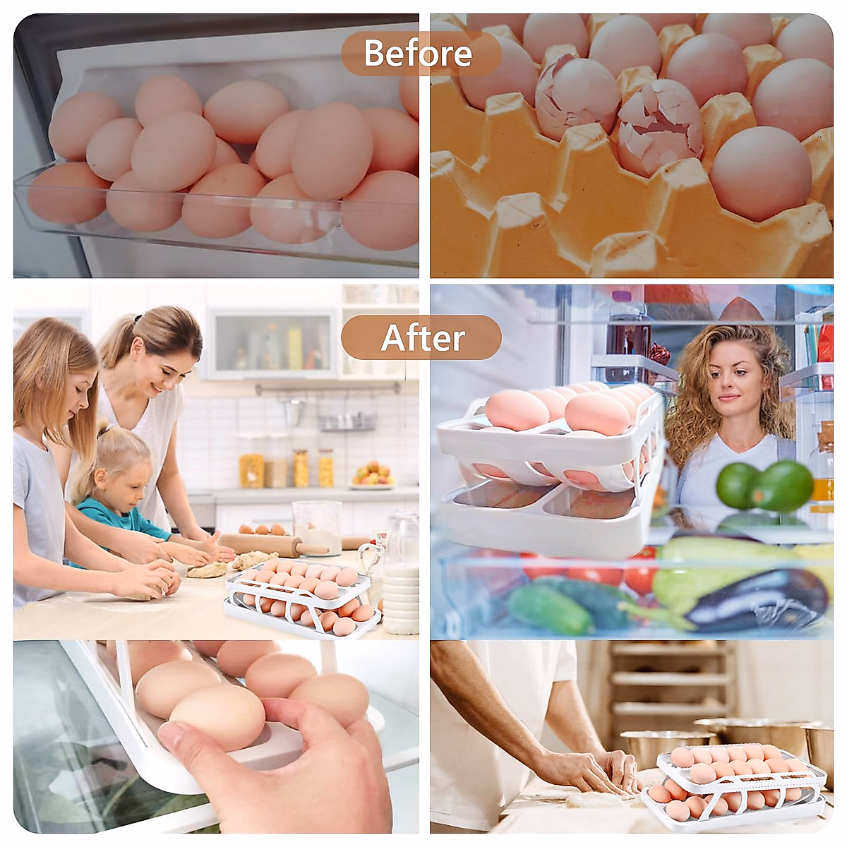 TUSGENK Egg Holder for Fridge, Automatic Rolling Egg Organizer Storage for Refrigerator, 2 Rows Space-Saving Eggs Dispenser, Large Capacity 28 Eggs Container & Tray for Kitchen (2 Layer,White)