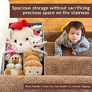 SAM AND MABEL Stair Basket for Stairs - Stair Baskets for Carpeted and Wooden Stairs, Collapsible Staircase Basket, Stair Step Basket Storage Organizer for Office and Home Decor (Soft Beige and Gray)