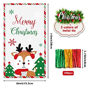 Moretoes 168pcs Christmas Candy Bags Treat Bags Cellophane Bags with 180pcs Twist Ties 8 Assorted Styles Treat Reindeer & Christmas Ball Pattern Snack Goodie Bags for Christmas Party Supplies