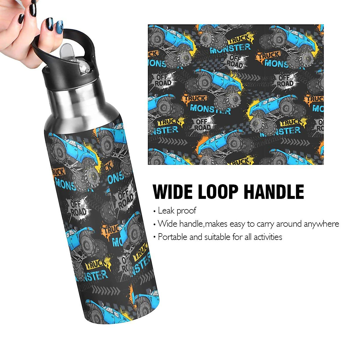 Wusikd Monster Truck Water Bottle with Straw Lid Double Wall Car Thermos Bottle Vacuum Insulated Flask Stainless Steel Water Bottle for Gym Outdoor 20 OZ