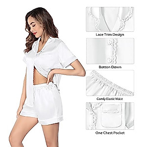SWOMOG Mommy and Me Pajamas Womens Pajama Sets Satin Silk Pjs 2 Piece Short Sleeves Lace Lounge Shorts Button Up Pj Sleepwear White