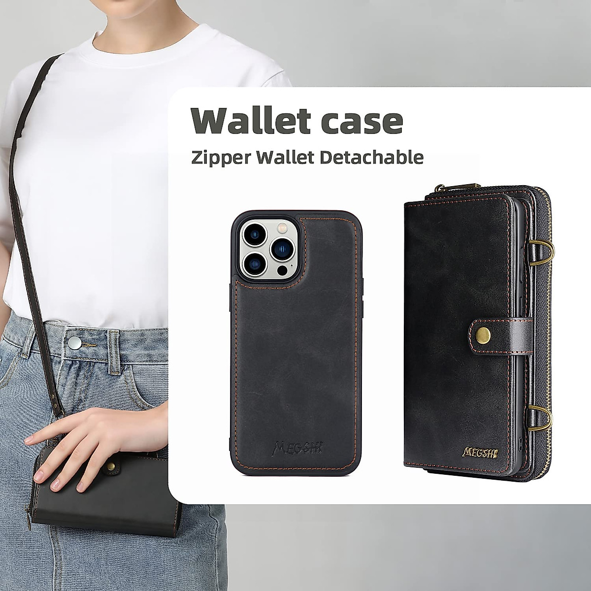 Compatible with iPhone 14 Pro 6.1 inch Wallet Case Crossbody Shoulder Strap Stand Card Holder Multi-Function 2in 1 Detachable Magnetic Phone Cover for iPhone14Pro 5G i i-Phone i14 iPhone14 14Pro Black