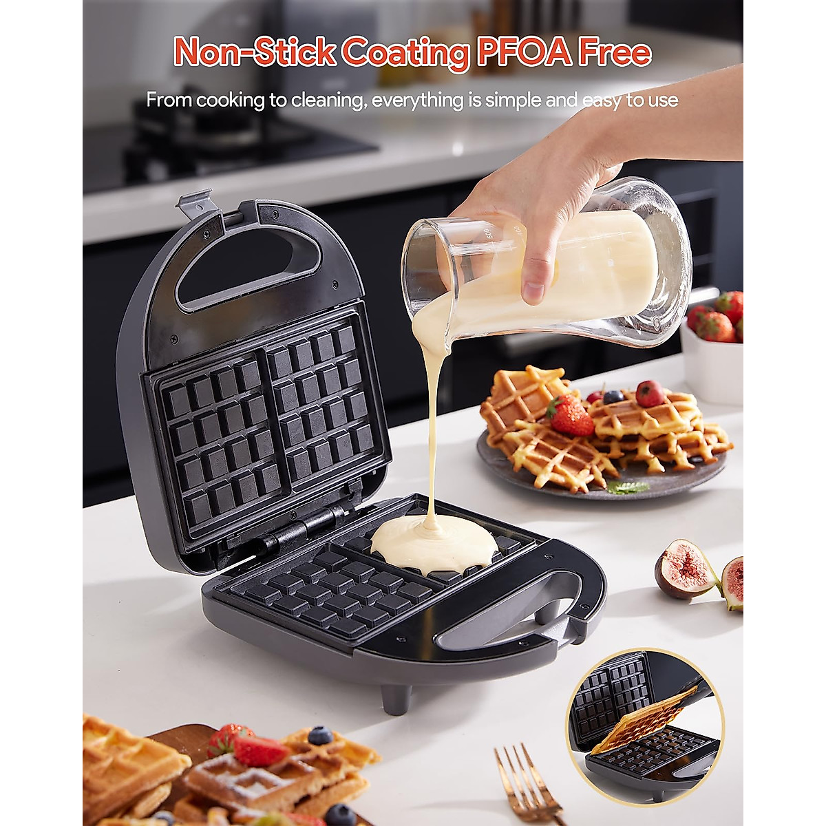 Waffle Maker Double, Waffle Iron Machine Non-Stick Extra Large, Breakfast Stuffed 2-Slice Belgian, Electric Fast Heat Up, Snack, Gray 750W BEZIA