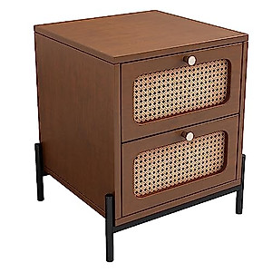 VKKILPEE Modern Cannage Rattan Wood Nightstand 2-Drawer Closet Sofa Side Table End Table for Bedroom, Living Room, Entryway, Hallway, 17''L x 17''W x 21.6''H, Solid Wood Storage Cabinet, Walnut