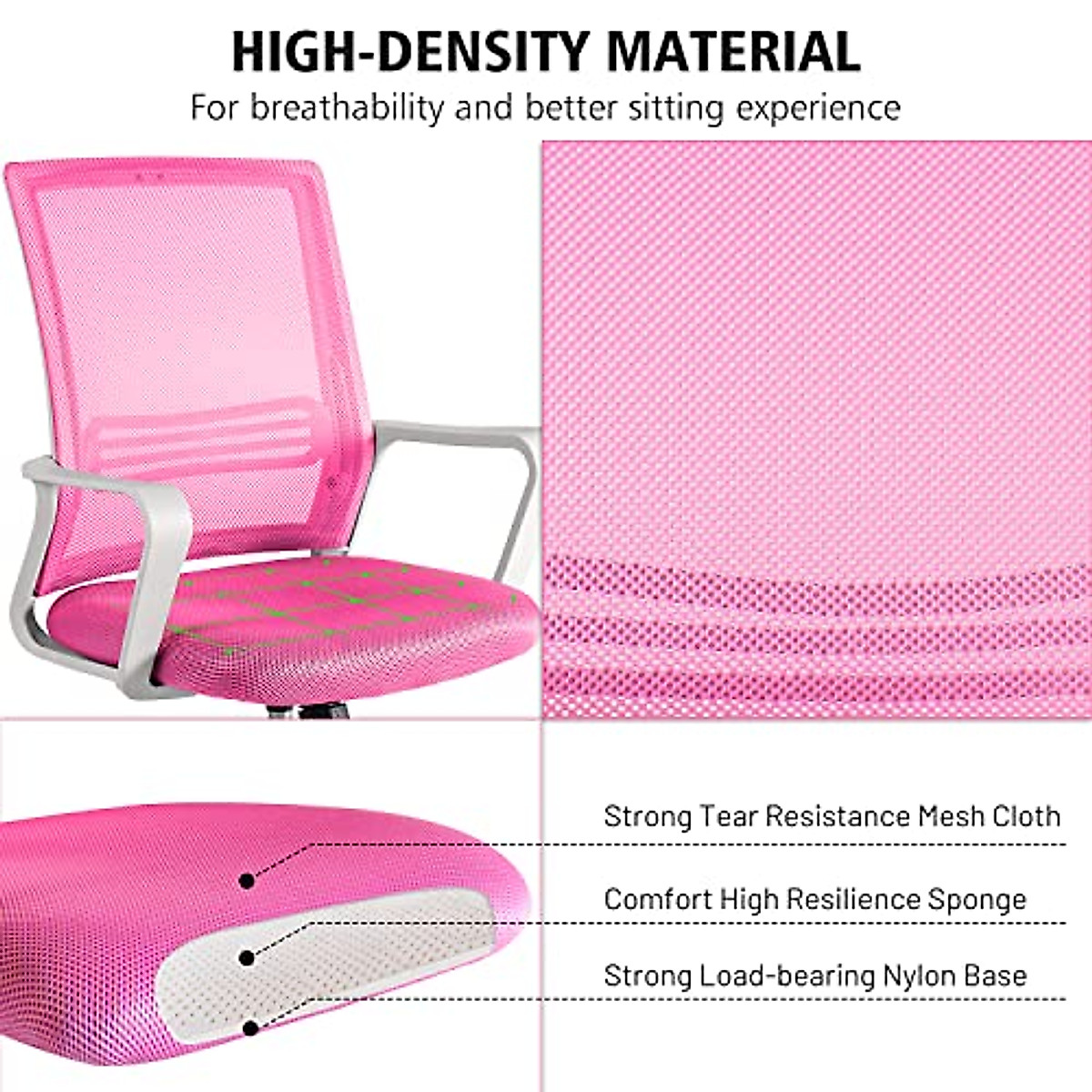 Desk Chair, Office Chair Mesh, Ergonomic Home Office Desk Chair Swivel Adjustable Task Chair Computer Chairs Mid Back with Rolling Wheels and Armrests, Pink