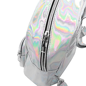 MOSSTYUS Small Holographic Backpack Rainbow Shoulder Bag Metallic Satchel Shiny Travel Daypack for Women Men Lady