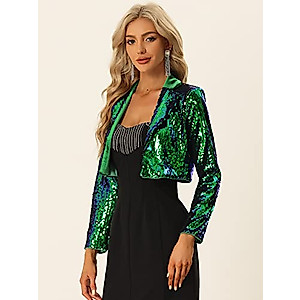 Allegra K Open Front Cardigan for Women's Notched Lapel Cropped Party Club Sparkly Sequin Blazer Medium Green