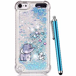CAIYUNL iPod Touch 7 Case, iPod Touch 6 /Touch 5 Case Glitter, Liquid Sparkle Bling Cute Clear Soft TPU Girls Women Kids Protective Case Cover for iPod Touch 7th /6th/5th Generation -Blue Elephant
