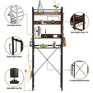 SEJOV 69" H Over-The-Toilet Storage, 4 Tiers Over The Toilet Bathroom Organizer, Wooden Freestanding Bathroom Shelf Over Toilet with Hooks and Special Metal Mesh Layer, Adjustable Feet, Rustic Brown
