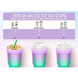Meoky Double Wall Stainless Steel Iced Coffee Sleeve Reusable, One Size Fits All Coffee Sleeve for Starbucks, Dunkin Donuts, McDonalds (16-24oz, Glitter Lavender)