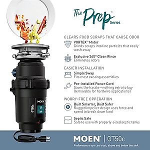 Moen Prep Series Disposer 1/2 Horsepower Continuous Feed Garbage Disposal featuring Fast Track Technology, Power Cord Included, GT50C