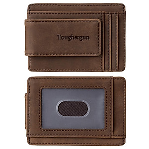 Toughergun Genuine Leather Magnetic Front Pocket Money Clip Wallet RFID Blocking(Coffee)