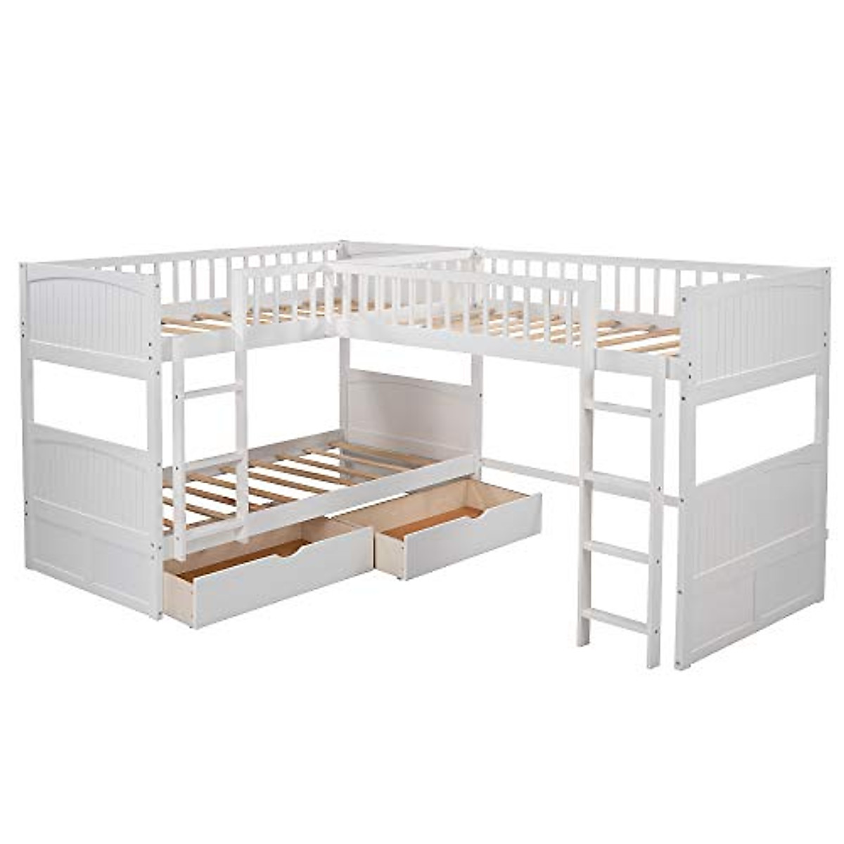 Flieks Triple Bed Twin-Over-Twin-Over-Twin Bed L Shaped Bunk Bed with 2 Drawers and 2 Ladders, No Box Spring Needed
