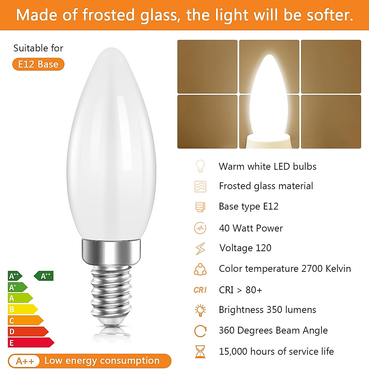 USOWAY E12 4W LED Frosted Candelabra 40W Equivalent, Frosted Glass, 2700K Warm White, 350 Lumens, Candle Light Bulbs (6)