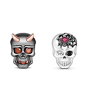 GNOCE [2 Pack] "Classic Skull Set" Charm Set Sterling Silver with Rhodium Plated Black Devil Skull Spider Web Skull Combination Charm Bead Fit Bracelet/Necklace Halloween Jewelry Gift for Women Mens