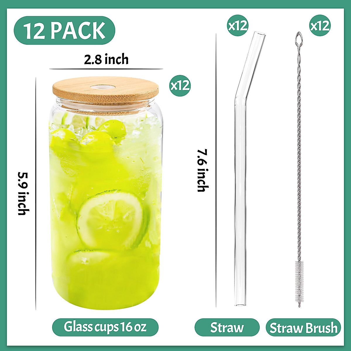 Joyclub 12 Set Glass Cups with Bamboo Lids and Straws 16oz Can Shaped Reusable Iced Coffee Cups with Lids, Drinking Glasses Tumbler with Straw and Lid for Soda Boba Tea Cocktail Whiskey Gift