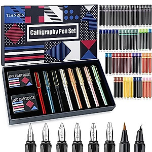 TIANREN Calligraphy Pen set,Fountain Pens with 8 Different Replaceable Nibs with 60 Ink Cartridges(12 Colors),Calligraphy set for Beginner Writing Drawing.