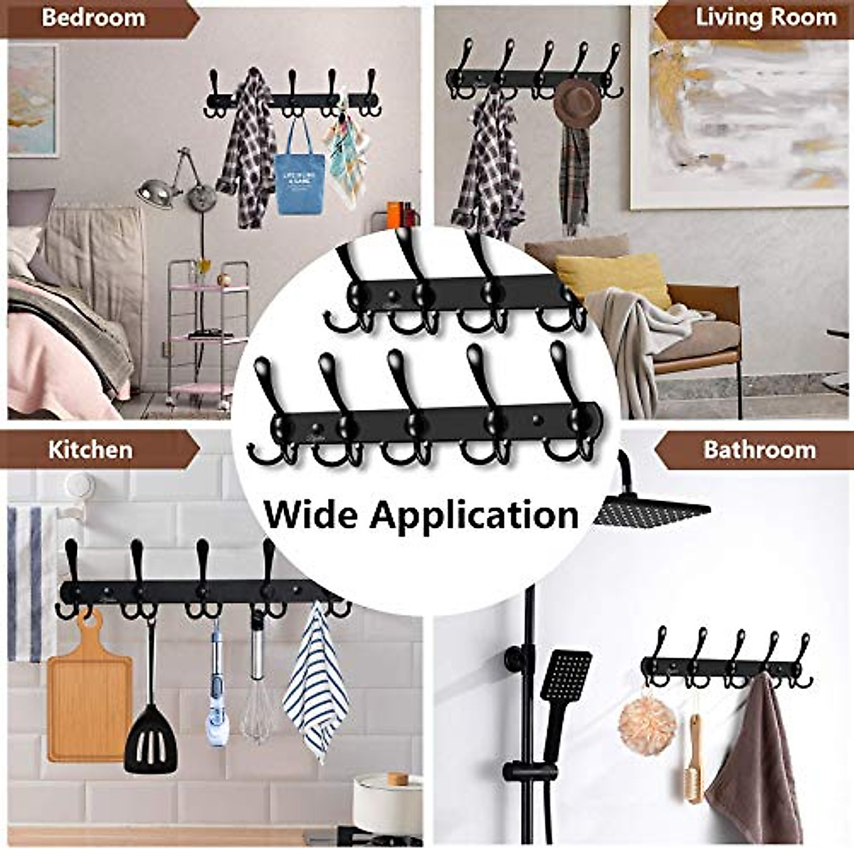 Bjiotun Coat Rack Wall Mounted 2 Pack Wall Hooks Stainless Steel Wall Hanger with 5 Tri Hooks for Hanging Coats Hats Towels Keys (Black)
