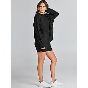 ANRABESS Women 2 Piece Outfits Sweater Lounge Loungewear Sets Fall Cable Knit Oversized Sweaters Short Pants Matching Sets Black Small