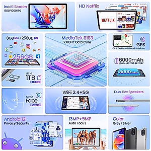 Latest Android 12 Tablet with 8GB RAM 256 ROM 1TB Expand,10.1 Inch Gaming Tablets,2.0GHz Octa-Core Tablet,1920 * 1200 FHD IPS Display,13MP+5MP Dual Camera,2.4/5G Dual Band WiFi+Bluetooth 5.0(Gray)