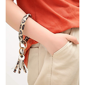 Coolcos Key Ring Bracelets Wristlet Keychain Bangle Keyring - Large Circle Leather Tassel Bracelet Holder For Women Gift (A Leopard)