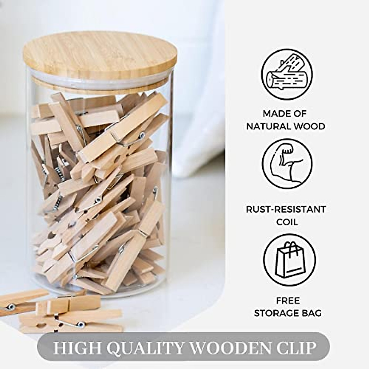 Clothes Pins Wooden Clothespins, 50 PCS 2.9" Natural Birchwood Clothing Pins, Strong Springs Wood Close Pins with Storage Bag, Wooden Clothespins for Laundry, Hanging Clothes, Classroom, Crafts