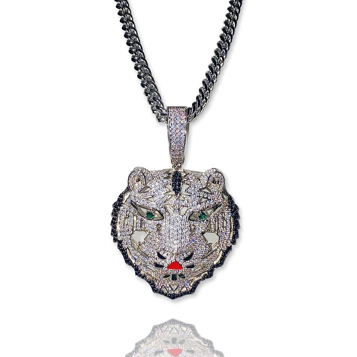 8mm Miami Cuban Link Chain Bengal Tiger Big Custom Cuban Pendant Iced Diamond cz Men Women 925 Italy Men's Choker Chain, 14k White Gold Silver Miami Cuban 6mm Chain Necklace Choker, Diamond Pendant (22" Chain Pendant)